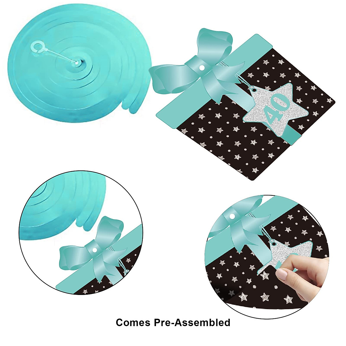 Happy 40th Birthday Party Hanging Swirls Streams Ceiling Decorations, Celebration 40th Foil Hanging Swirls with Cutouts for 40 Years Teal Silver Black Blue Birthday Party Decorations Supplies