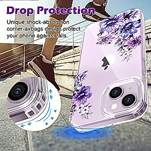 OKP Clear Flower Case for iPhone 14, with Screen Protector & Camera Lens Protector, Slim Shockproof Cute Floral Pattern Apple Phone 6.1 inch Protective Case for Women Girls 2022 Release, Purple Floral