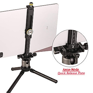 Aluminum iPad Holder for Tripod Mount, Universal Phone Tablet Clamp Tripod Adapter Bracket w Cold Shoe Mount 1/4 inch Screw and Acra Swiss Rail for iPad 4/Mini/Air/Pro/Surface Pro/iPhone/Galaxy Tab