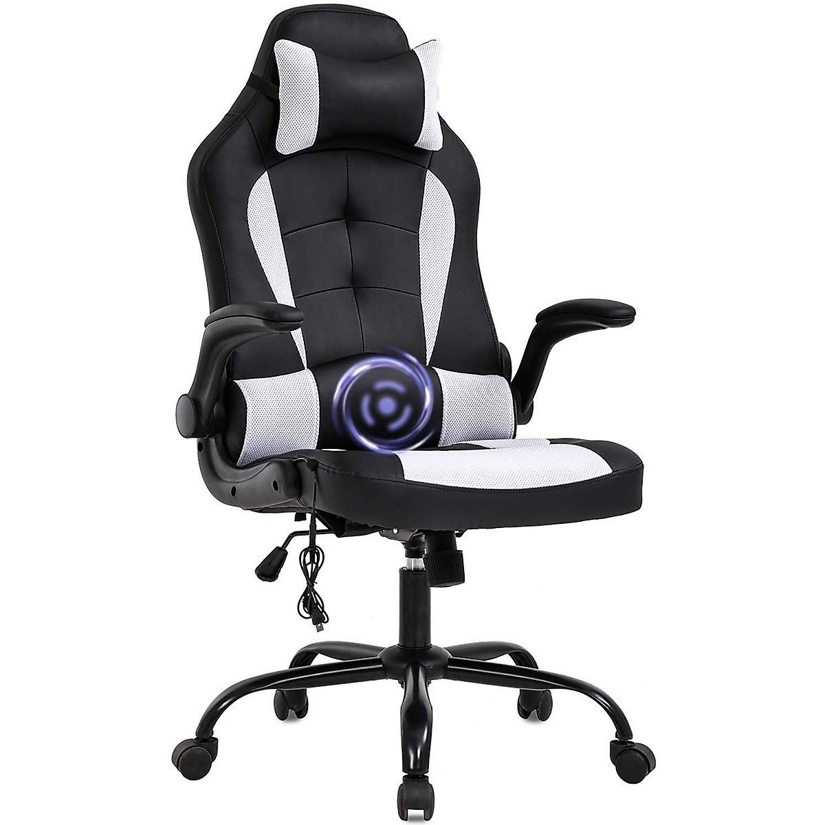 PC Gaming Chair Ergonomic Racing Heavy Duty Office Chair Video Game Chair, Massage Function Lumbar Support with Flip Up Arms & Headrest Nice Chic Desk Chair, Adjustable Best Home Office Chair - White