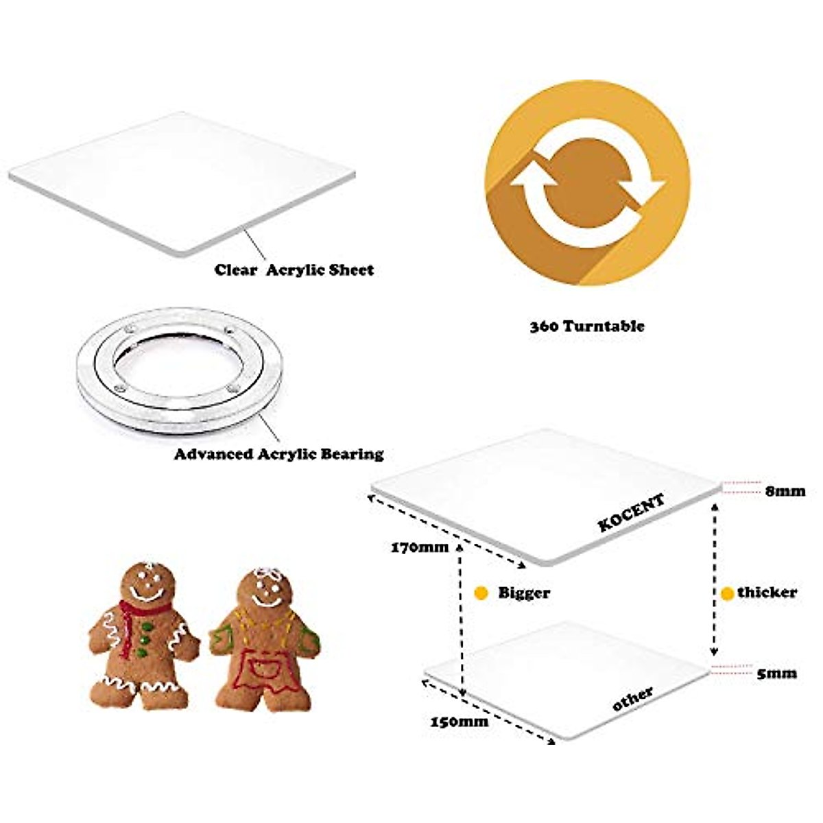 Cookie Turntable， 7" Clear Cookie Decorating Turntable with Clear Top, Acrylic Bearing Base and Non-Slip Mat Cookie Turntable, Helps Icing Cookies Faster & Better (Suqare)