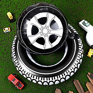 14 Pcs Car Decorations Racing Cars Birthday Party Supplies, 4 Tire Tube Swim Ring Inflatable Tire Floats for Pool with 10 Balloons 18 Inch Race Car Balloons for Birthday Car Themed Party (Wheel Style)