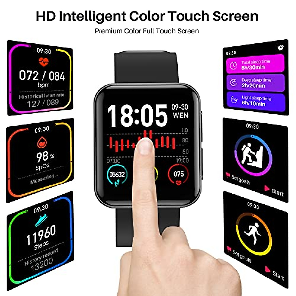TOZO S1 Smart Watch Bluetooth 5.0 Activity Tracker with Heart Rate Monitor Sleep Monitor Pedometer and Calorie Counter IPX8 Waterproof 1.54-inch Touchscreen Compatible with iPhone & Android Phones