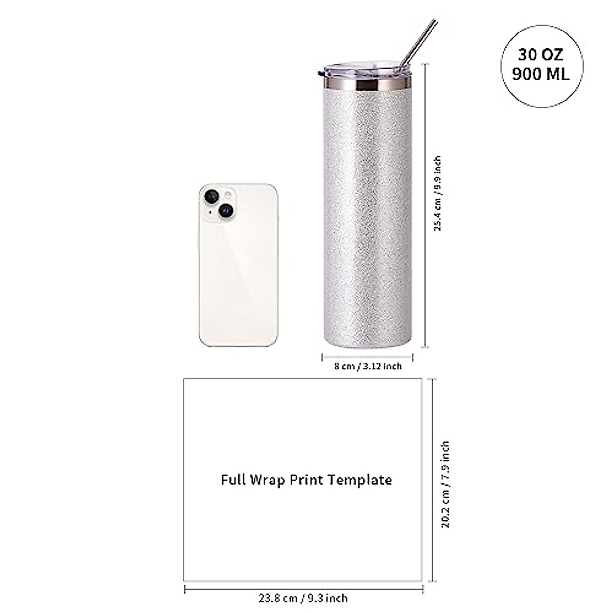 PYD Life Sublimation Tumblers Glitter Blanks Skinny 30 OZ Silver Straight Stainless Steel Tumbler with Lid and Stainless Straw for Tumbler Heat Press Sublimation Oven Printing 4 Pack