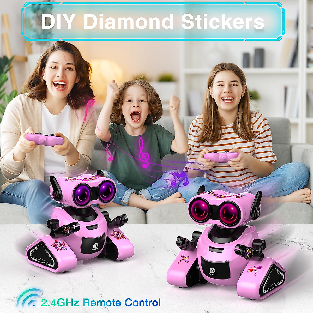 Yerloa Girls Robot Toys with 3D Stickers for 3-5, Baby Easter Toys Remote Control Robot Toy for Kids with Music and 4 Color LED Eyes, Singing, Dancing, Birthday for Boys Girls Aged 3 4 5 6 7 Year Old
