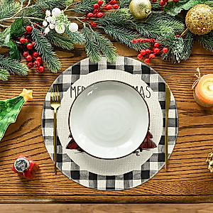 Artoid Mode Waterclor Buffalo Plaid Christmas Trees Merry Xmas Round Placemats Set of 4, 15 Inch Seasonal Winter Round Table Mats for Dining Decoration