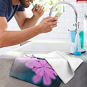 TsyTma Blue Butterfly on Pink-Violet Flowers Hand Towel Yoga Gym Face Spa Towels Spring Florals Absorbent Multipurpose for Bathroom Kitchen Hotel Home Decor 15x30 Inch