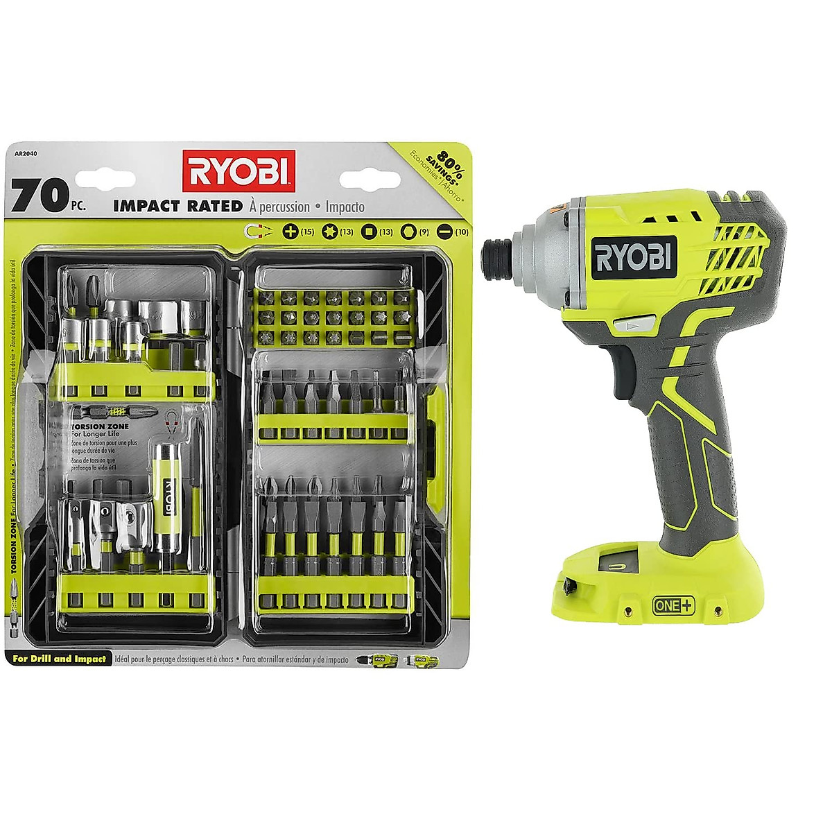 Ryobi 18V ONE+ 1/4 Inch Impact Drill Driver Kit Bundle Set with 70 pc BONUS Bits (Tool only- Battery and charger not included)