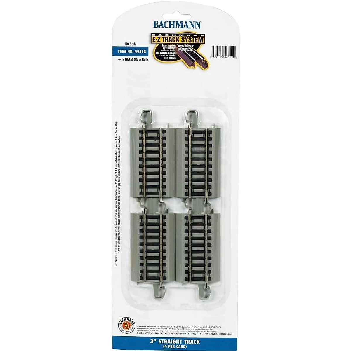 Bachmann Trains - Snap-Fit E-Z TRACK 3” STRAIGHT TRACK (4/card) - NICKEL SILVER Rail With Gray Roadbed - HO Scale