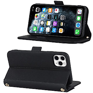 Jaorty Crossbody Wallet for iPhone 11 Pro Case with Adjustable Lanyard Strap Credit Card Holder 5.8",PU Leather Handbag Purse Kickstand Make Up Mirror Cover Case for Men Women Girl,Black