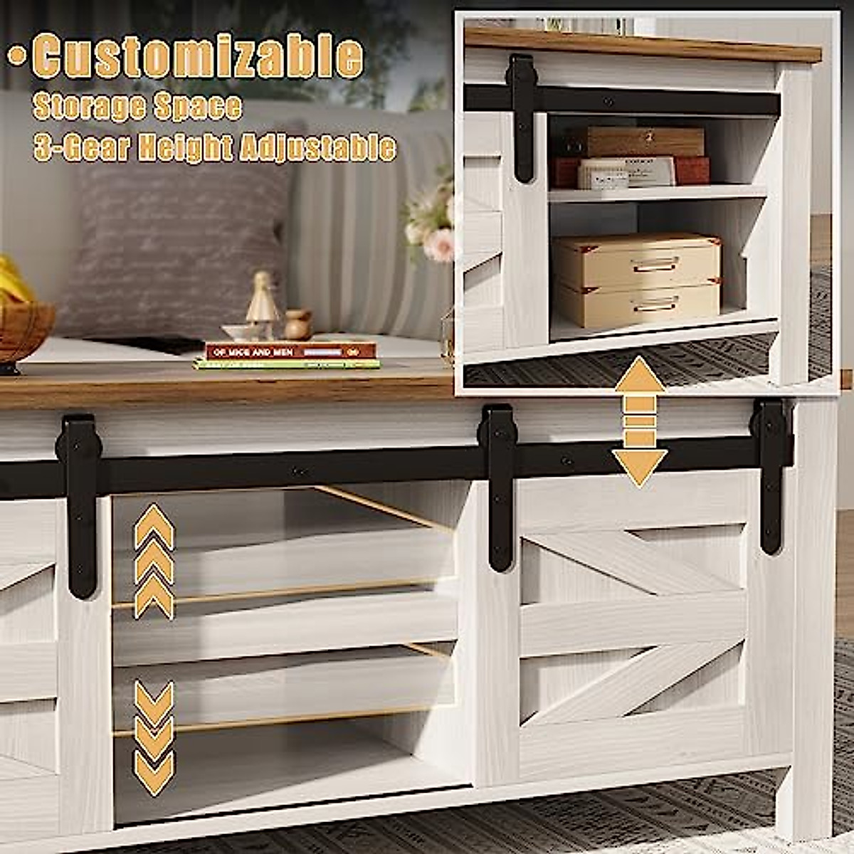 Furmax Coffee Table with Storage and Sliding Barn Doors, Farmhouse Living Room Table with Adjustable Shelves, Wood Rustic Center Table for Home Living Meeting Room (Antique White)