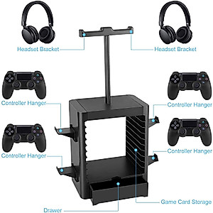 Wedorat Xbox Series X/PS5/Switch Multifunctional Game Disk Storage Tower Holder for PS5 Console, Game Disk Rack and Controller/Headset Stand Holder Compatible with Xbox Series X/Switch/PS5 Black