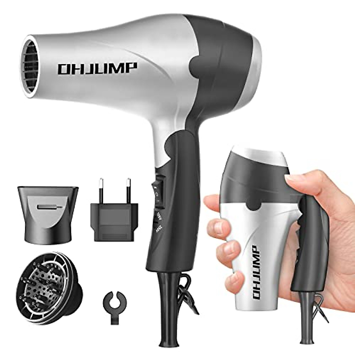 OHJUMP Mini Travel Hair Dryer Blow Dryer with Diffuser,Portable Small Dual Voltage Compact Hairdryer,EU Plug,1875W,Powerful Fast Dry,Folding Handle,Diffuser Hair Dryer( Silvery）