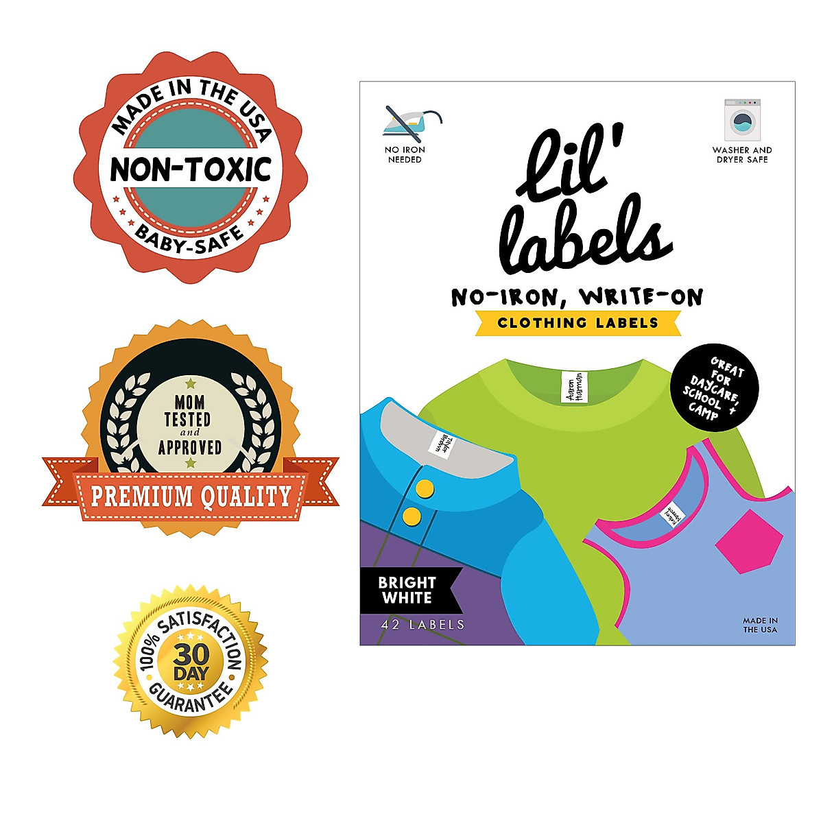 Clothing Labels, Name Labels for Masks, Washer and Dryer Safe, No Iron, Kids Labels for Daycare, Nursing Home Labels, Washable, Write-On, Made in The USA