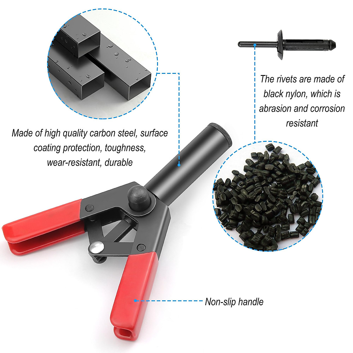 Rivet Gun Set with 3 Sizes Nylon Blind Rivets, 30 Pieces, Hand Riveter Suitable for Automotive and More