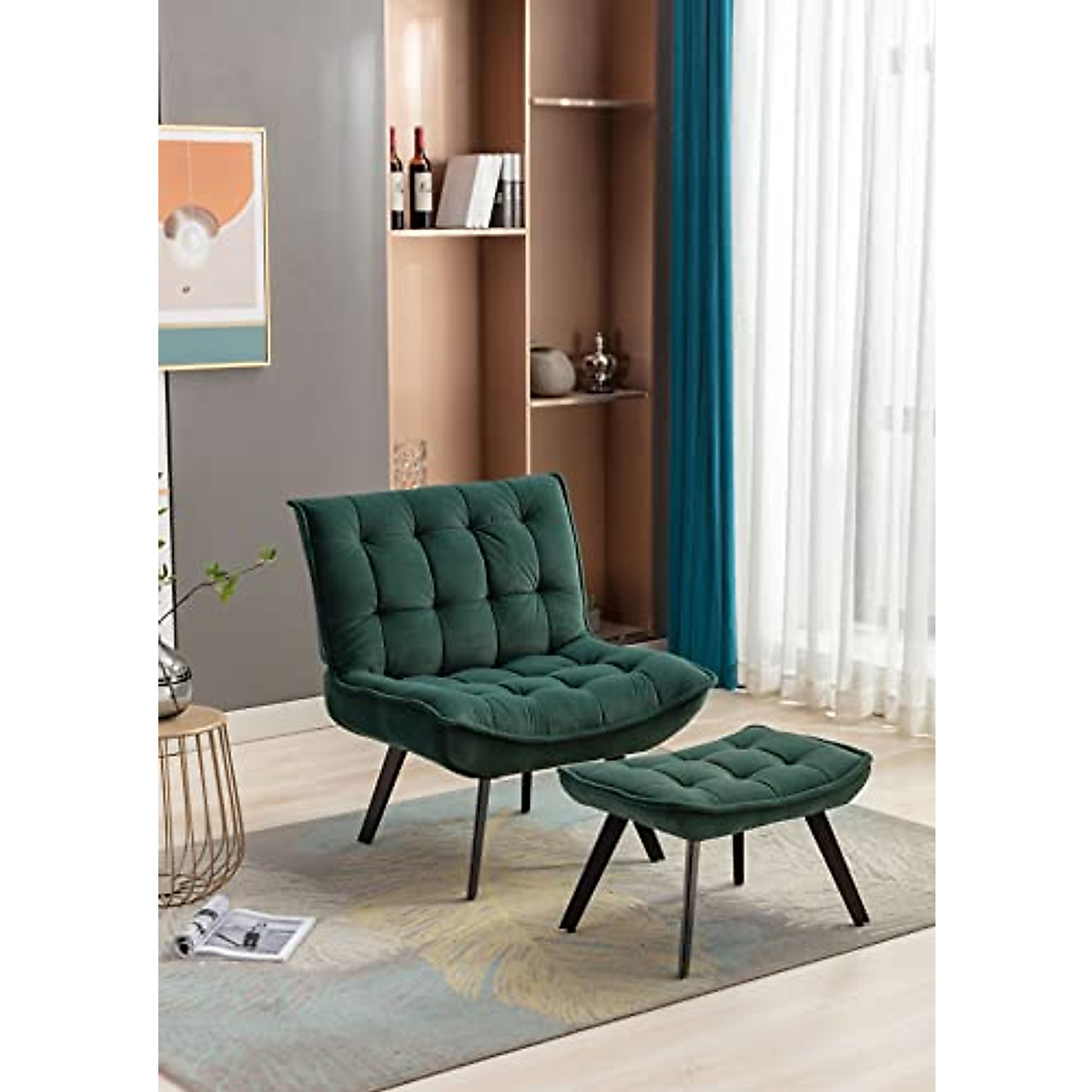 INMOZATA Modern Accent Chair Velvet Fabric Leisure Chair Armchair TV Chair Bedroom Chair with Footstool Black Legs for Indoor Home and Living Room,Dark Green