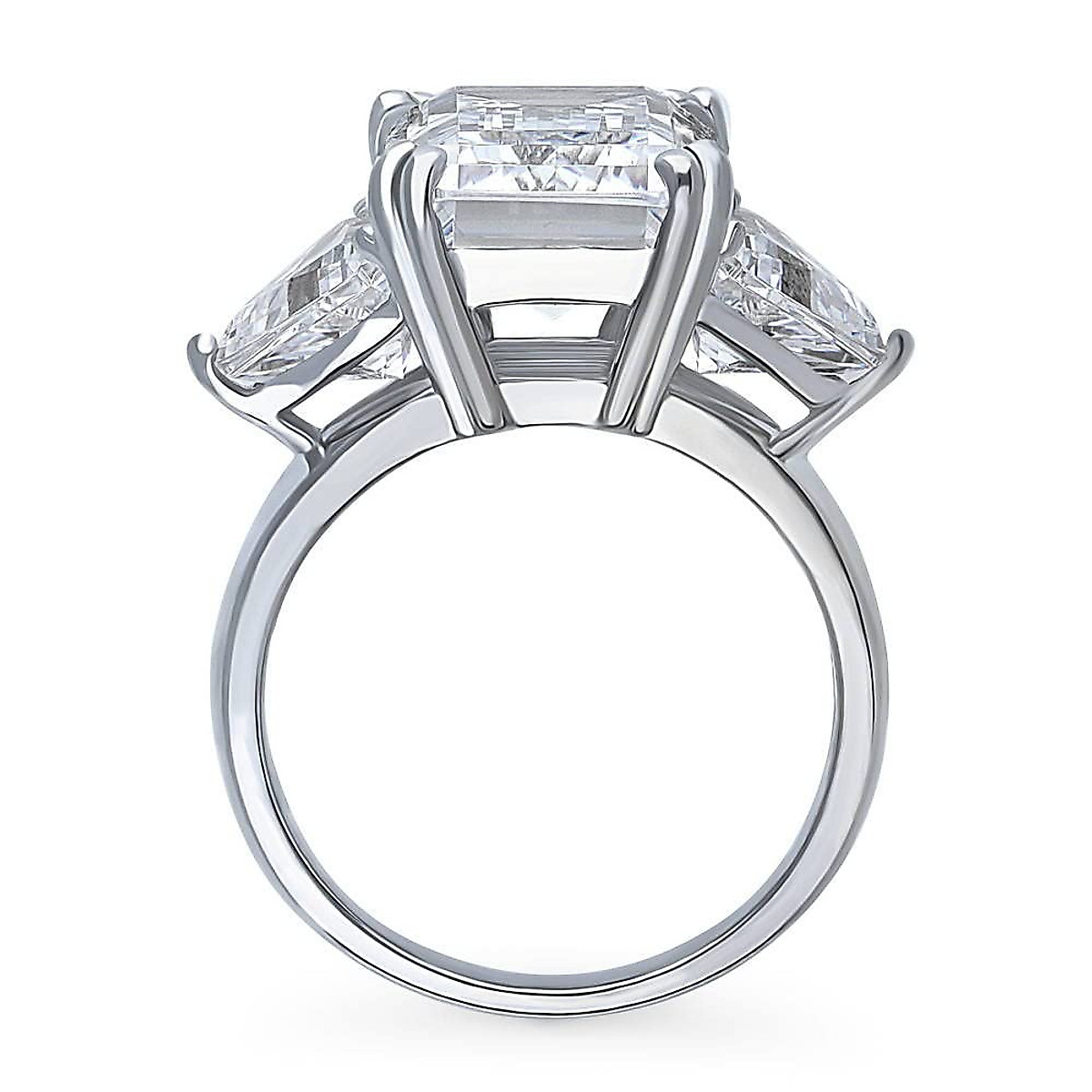 BERRICLE Sterling Silver 3-Stone Wedding Engagement Rings Emerald Cut Cubic Zirconia CZ Statement Cocktail Anniversary Ring for Women, Rhodium Plated Size 7