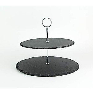 Two-Tier Round Slate Stone and Chromed Metal Country Farmhouse Serving Tray Kitchen Décor 11.75 Inch Diameter