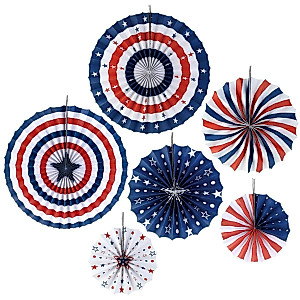 Risshine 4th/Fourth of July Patriotic Party Decorations Set- Red White/Silver Blue Star Streamers and 6Pcs Red White Blue Hanging Paper Fans for American Independence Day Party Decor Supplies