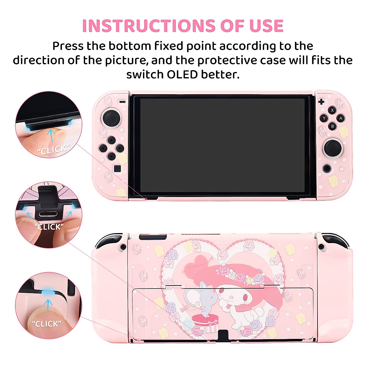 GLDRAM Dockable Protective Case for Nintendo Switch OLED, Cute Anime Rabbit Case Cover Compatible with Switch OLED Console and Joy Con, Hard PC Pink Skin Accessories with Thumb Caps & Screen Protector