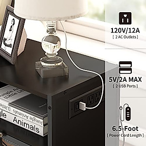 SOOWERY Nightstand with Charging Station, Bedside Tables with 3 Tiers Storage Space and Door, End Table with USB Ports and Outlets for Bedroom, Living Room, Black