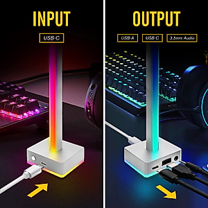EZDIY-FAB USB LED Light Bar Headphones Stand, Desktop Atmosphere RGB Backlight,50 Built-in Color Modes, Headphone Holder for Gamers Gaming PC PS5 Accessories Desk- White- 1 Pack