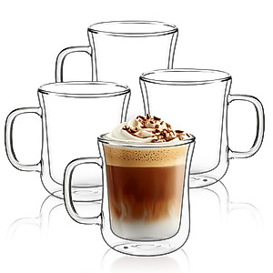 ComSaf glass coffee cups 12 oz with handle, latte cup Set of 4, Double Walled Glass Coffee Mugs, clear coffee mug for Americano, Lungo, Mocha, Machiato,Cappuccino, Ideal Gift for Christmas, Birthday