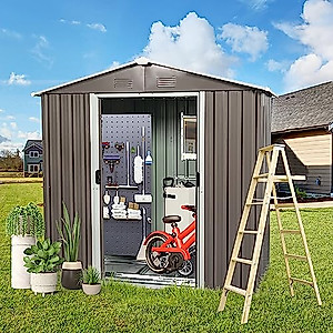RITSU 8ft x 4ft Outdoor Storage Shed with Lockable Sliding Doors,Metal Tool Shed with Anchors，Hooks and Shelf, Garden Shed Organizer for Yard Patio Lawn Deck,Easy to Assemble,Gray