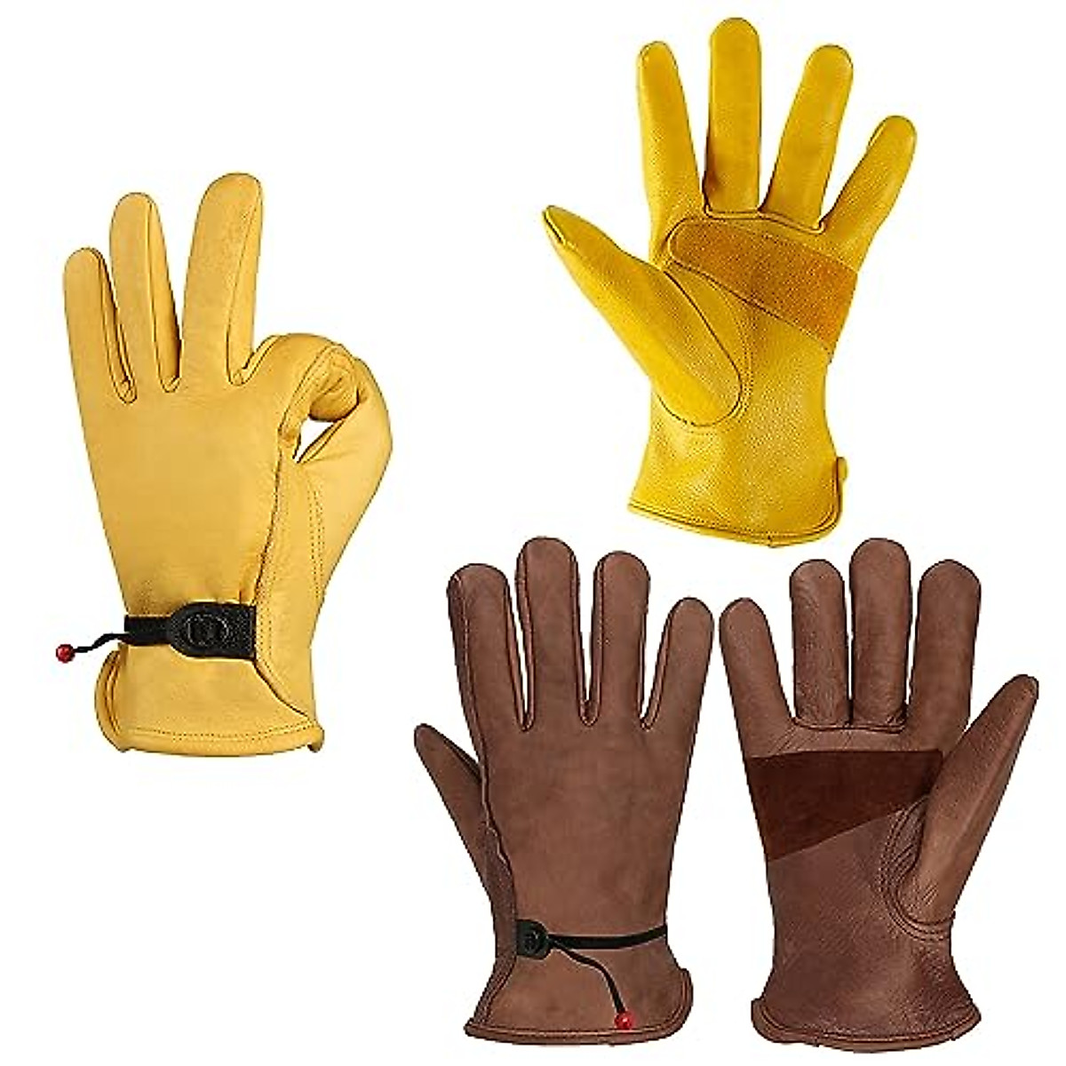 SquEqu 2 Pairs Gardening Gloves Cowhide Leather Work Gloves Tough Working Glove for Men Women Weeding Digging Planting Welding Worker Safety Protection Sports Driver (M)