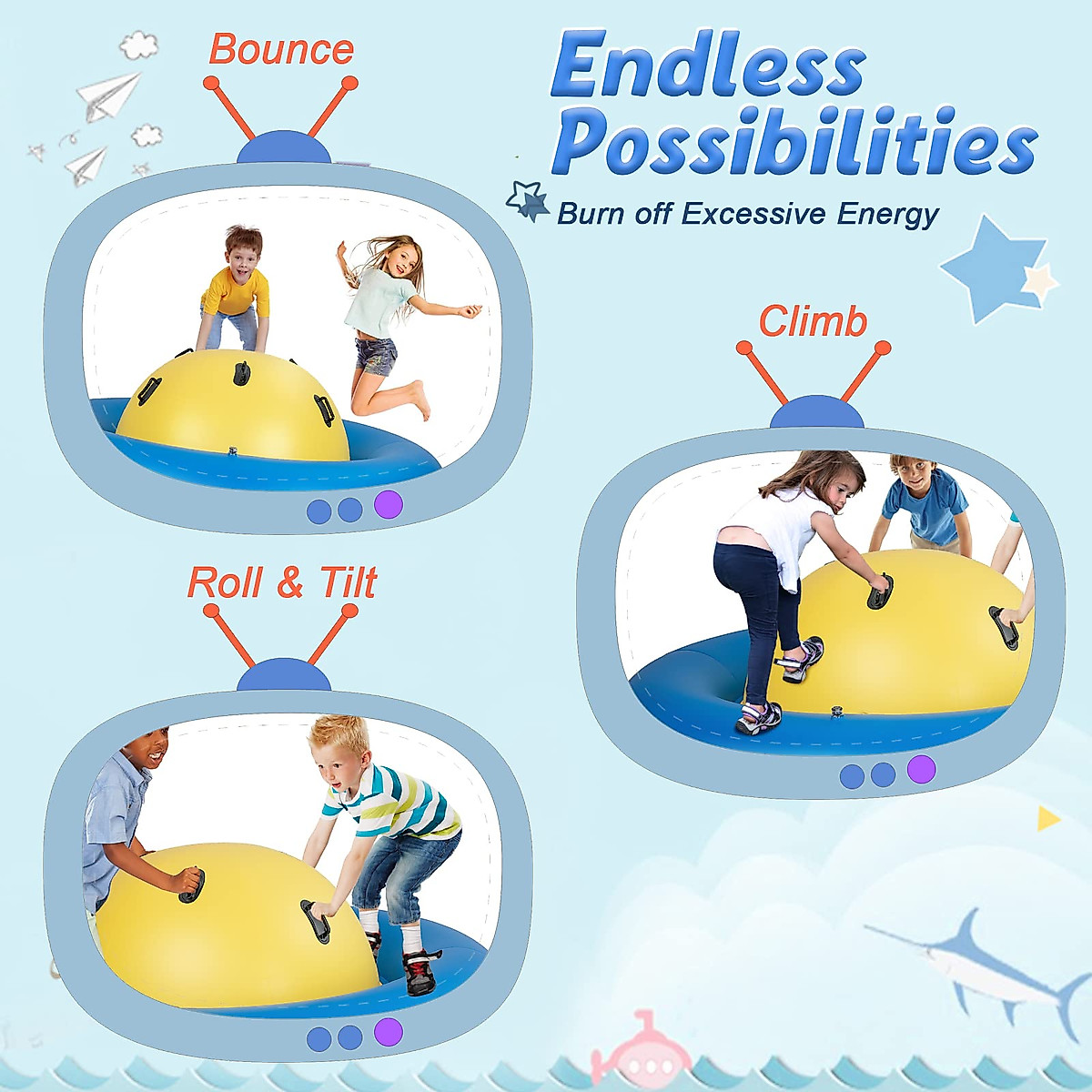 HONEY JOY 8-Foot Inflatable Dome Rocker Bouncer, Giant Roll and Play Seesaw Rocker w/6 Handles, Max Weight 250 Lbs, Blow Up Backyard Toy for Outdoor Game Activities, Gift for Boys Girls Ages 5+ (Blue)