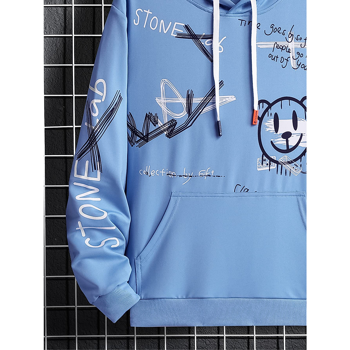 WDIRARA Men's Cartoon Letter Graphic Drawstring Hoodie Long Sleeve Pocket Sweatshirts Blue L