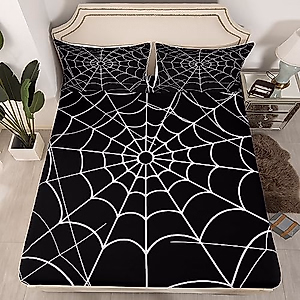 Spider Web Sheets Twin Size Halloween Decorations Bed Sheet Set for Kids Teens Boys Girls Women Men Black White Bed Sheets Spiderweb Bedding Fitted Sheet Bedroom Decor Flat Sheets 3Pcs