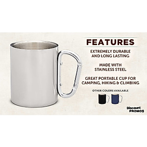 DISCOUNT PROMOS Stainless Steel Mugs with Carabiner Handle 10 oz. Set of 10, Bulk Pack - Perfect for Coffee, Soda, Other Hot & Cold Beverages - Silver