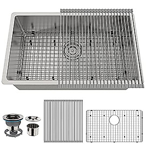 SR SUN RISE 30 Inch Kitchen Sink, Undermount Single Bowl Kitchen Sink, 16 Gague 304 Stainless Steel Sink with Roll Up Dish Drying Drainer & Strainer & Bottom Grid, 30"×18"×10"