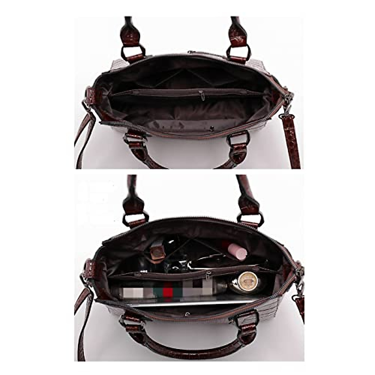 GJGJTER Women Patent Leather Bucket Bag Embossed Shoulder Handbag Crossbody Purse-Dark Brown