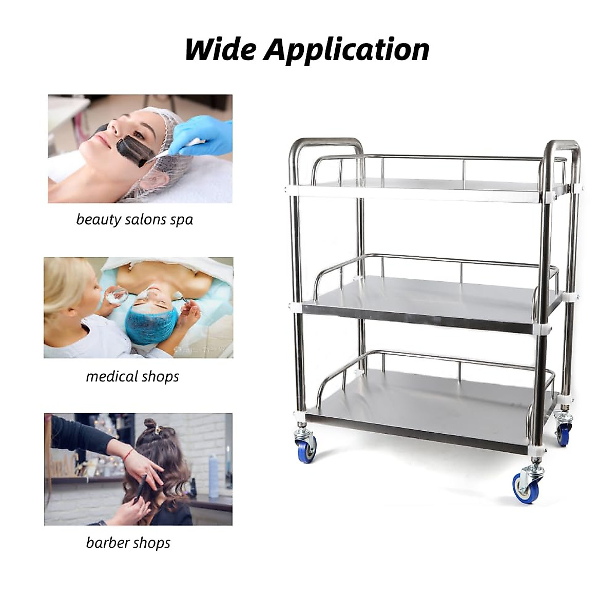3 Layers Cart Trolley,Lab 3 Layers Clinic Serving Cart Trolley Medical Cart Stainless Steel Serving Lab Cart Equipment Clinic's Kitchen Mobile Utility Rolling Carts with Wheel
