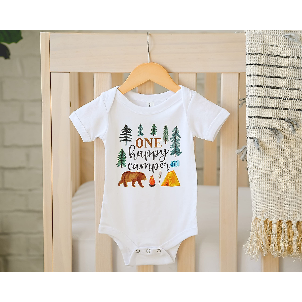Brain Juice Tees One Happy Camper 1st Birthday Camping Outdoor Themed Onesie® for Girls and Boys - Smash Cake Outfit (12 Month) White