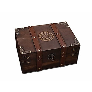 Gbrand 8.3" Wood and Leather The Runic Viking Compass Chest Box, Vegvisir Engraved Wooden Treasure Box with Velvet Lining, Vintage Tarot Box (Box Only)
