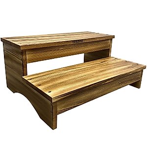 Long wooden step stool, 2 steps wood stool with non-slip pads for kitchen high bed for kids, adults and elderly (26.8" L*20.1" W*11.8" H)