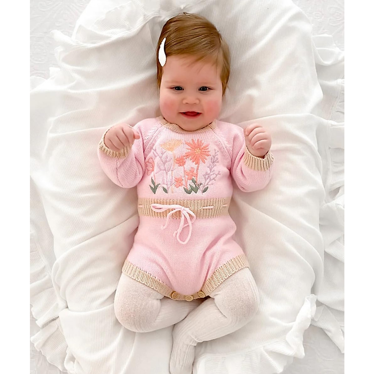 ZAXARRA Baby Girl Sweater Romper Baby Girl Knit Sweater Embroidery Flower Sweatshirt Romper Infant Fall Clothes (Apricot, 0-6 Months)