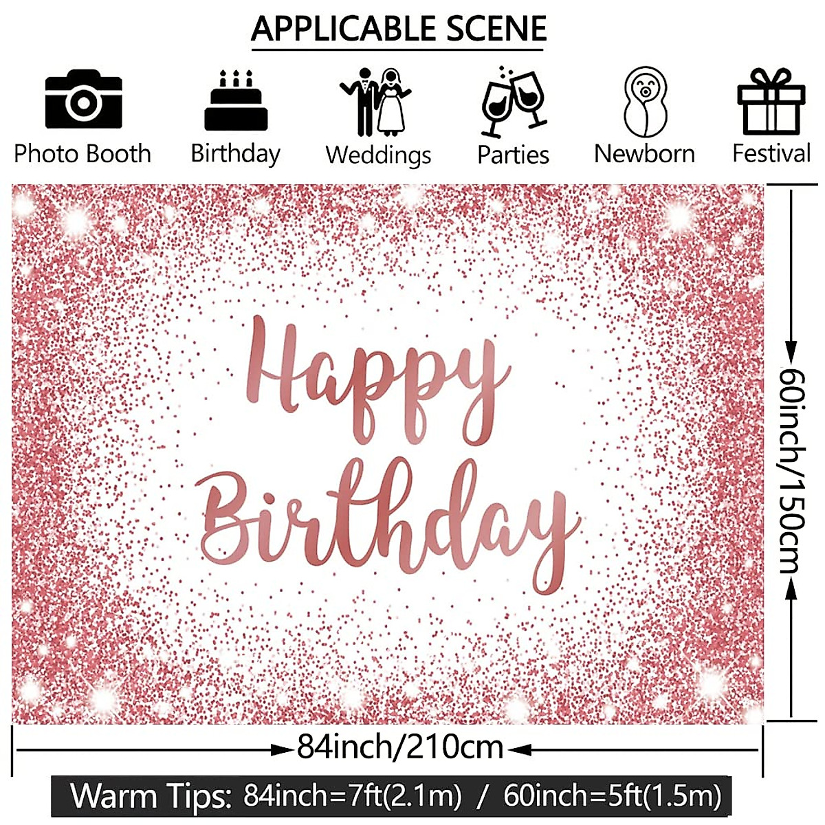 ASOONYUM 7x5ft Happy Birthday Backdrop Pink Rose Gold Glitter Birthday Photo Backdrops for Women Young Girl Golden Sweet 16th 21st 40th Birthday Photography Background