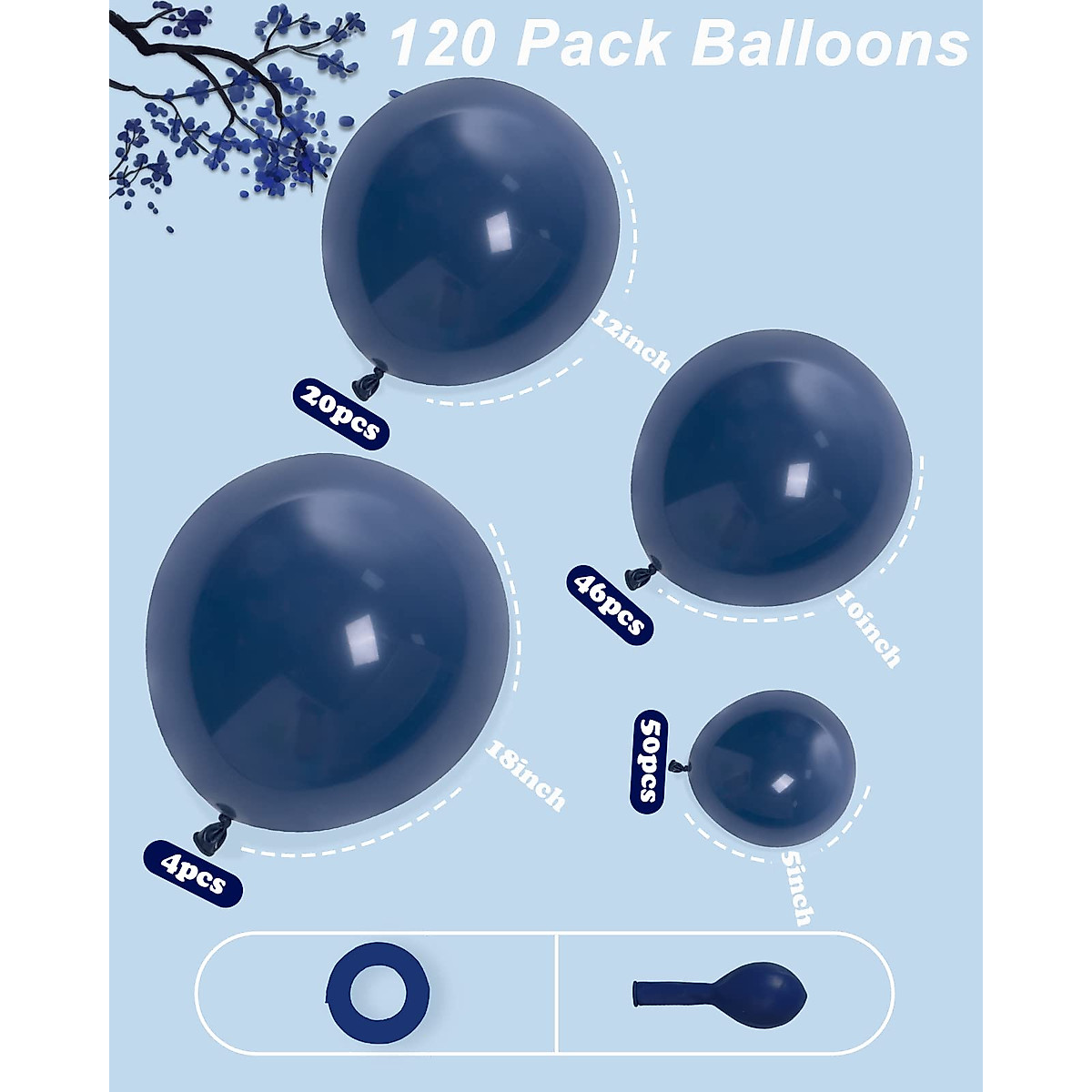 CACOLULU Navy Blue Balloons Garland - 120Pcs 18+12+10+5 Inch Navy Balloons Different Sizes Dark Blue Balloon For Gender Reveal, Birthday Ballon Blue Balloons Arch Kit As Under The Sea Party Decoration