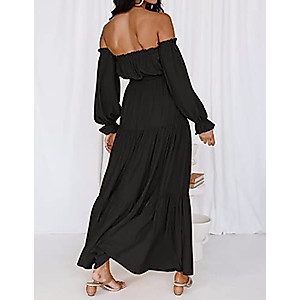 ZESICA Women's 2023 Boho Sexy Off Shoulder Long Sleeve Smocked High Waist Side Split Flowy A Line Tiered Long Maxi Dress,DarkBlack,Large