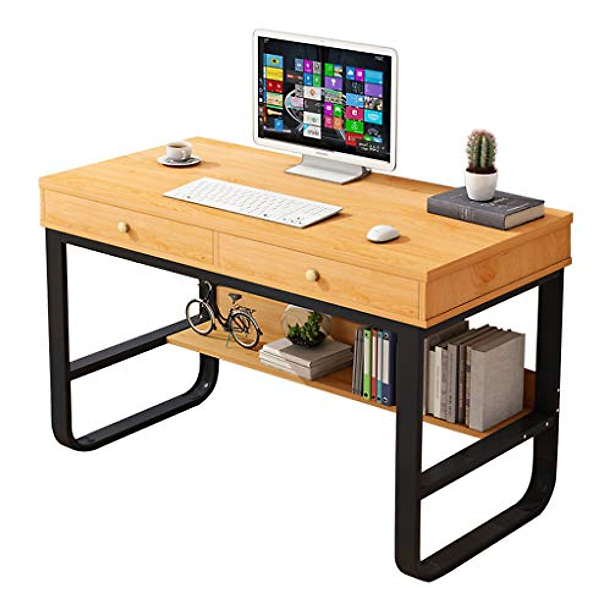 Desktop Computer Desk with 2 Drawers, Home Office Multi-Layer Storage Frame Study Writing Table Computer Gaming Table, Student Study Workstation Reading Writing Desk PC Laptop Table
