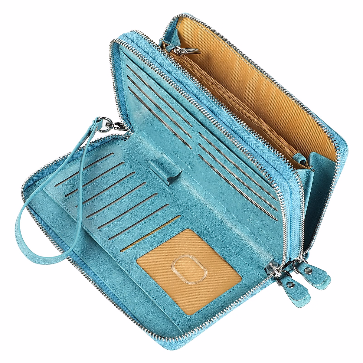 Lavemi Women's 100% Leather Double Zipper Large Capacity RFID Blocking Phone Holder Clutch Travel Purse with Wristlet Strap(Double Zipper Light Green)