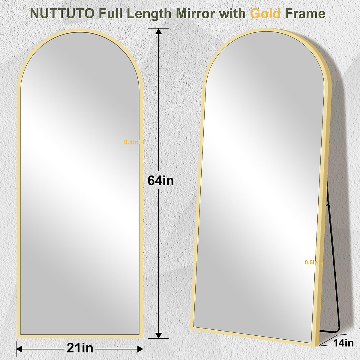 NUTTUTO 64"×21" Arched Full Length Mirror, Floor Mirrors with Aluminum Alloy Frame, Wall-Mounted Full Length Body Mirror Free-Standing or Leaning Against Wall for Bedroom Living Room, Gold