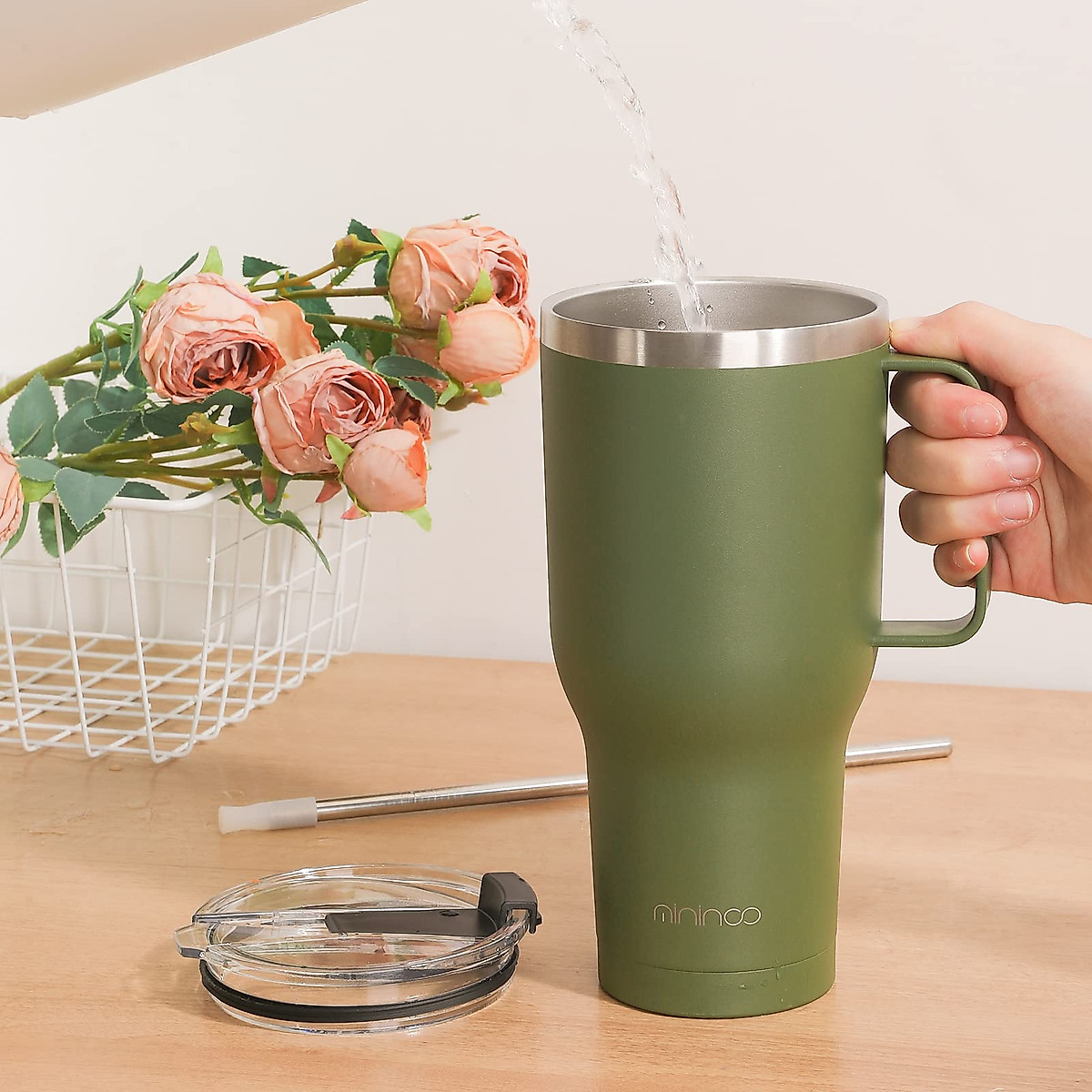 mininoo 40 oz Tumbler with Handle and Straw, Insulated Tumbler with Handle Leak Proof, Large Tumbler with Lid and Straw (Army Green)