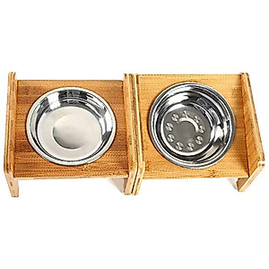 FOREYY Set of 2 Raised Pet Bowls for Cats and Small Dogs - Bamboo Tilted Single Elevated Dog Cat Food and Water Bowls Stand Feeder with 3 Stainless Steel Bowls and Anti Slip Feet for Comfort Feeding