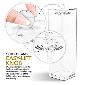 Stock Your Home Long Necklace Holder with 12 Hooks - Acrylic Jewelry Organizer Necklaces Stand and Display Case - Jewelry Box for Chains - Necklace Holder Box for Dressers & Vanity Tables, Clear