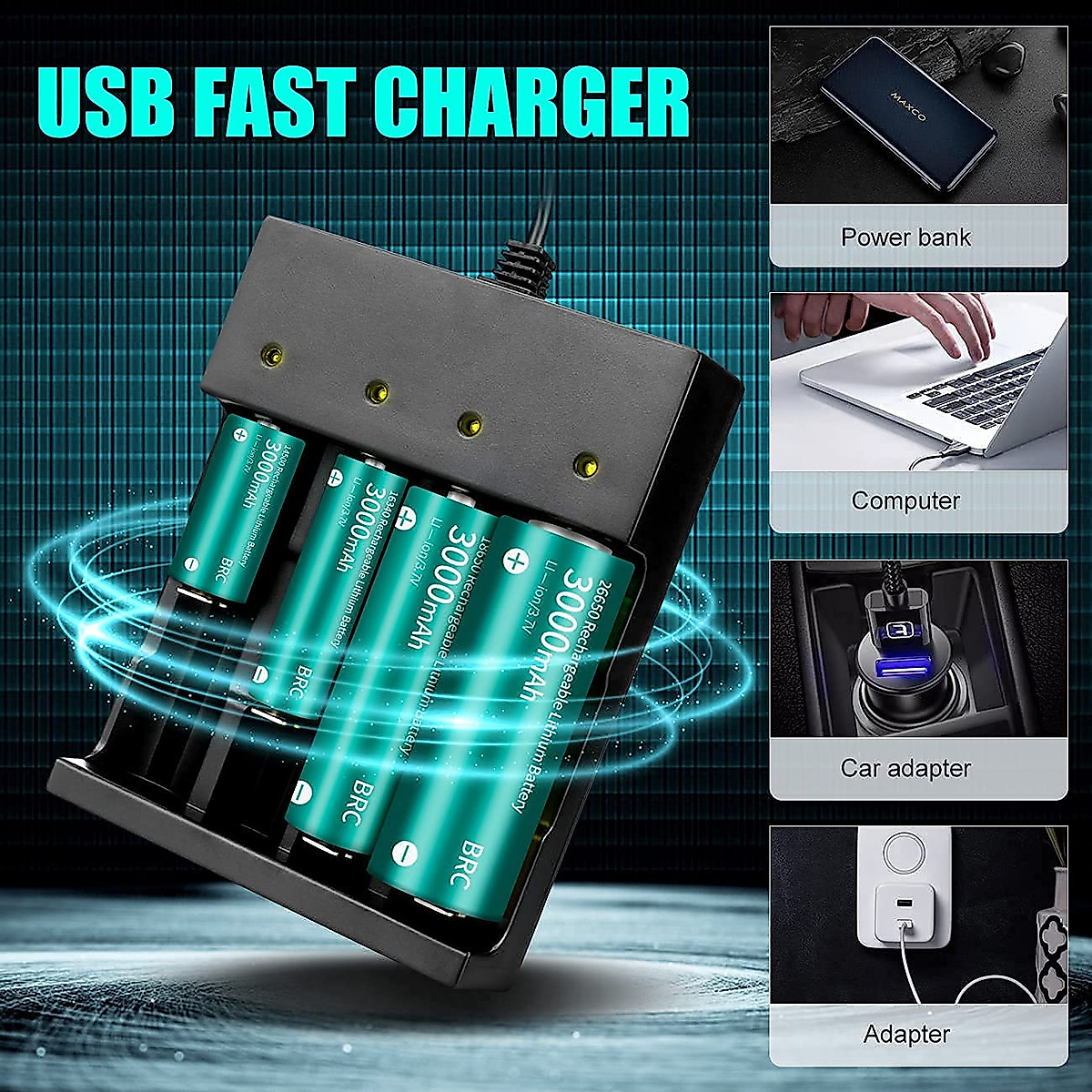 18650 Battery Charger 4 Bay Smart Universal Charger for 3.7V Rechargeable Lithium Li ion Batteries Compatible 18650 26650 21700 10400 14500 16340 16650 18500 Battery Charger (Only USB Charger)